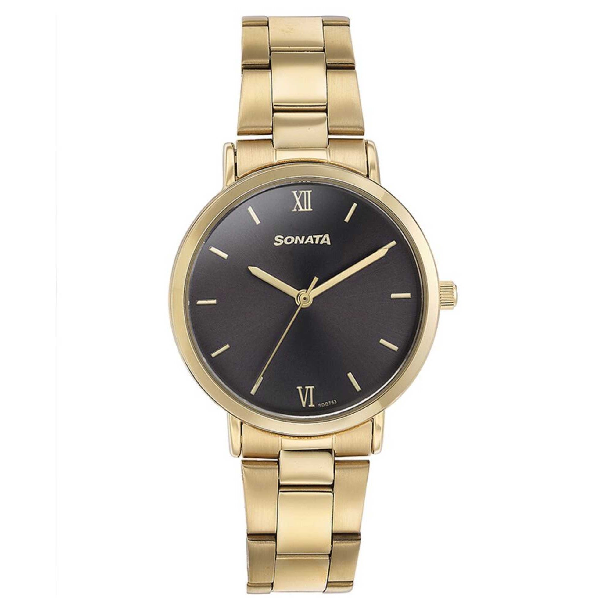 Sota Quartz Alog Black Dial Golden Stainless Steel Strap Watch For Wom ...