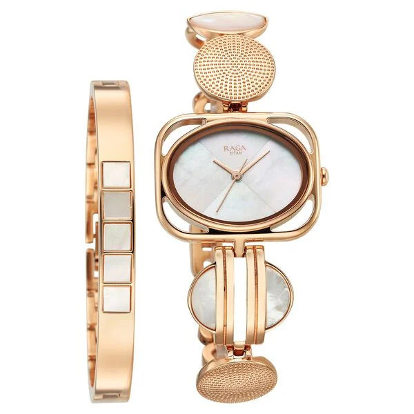 Titan Raga Mother Of Pearl Rectangle Dial Rose Gold Metal Strap Analog ...